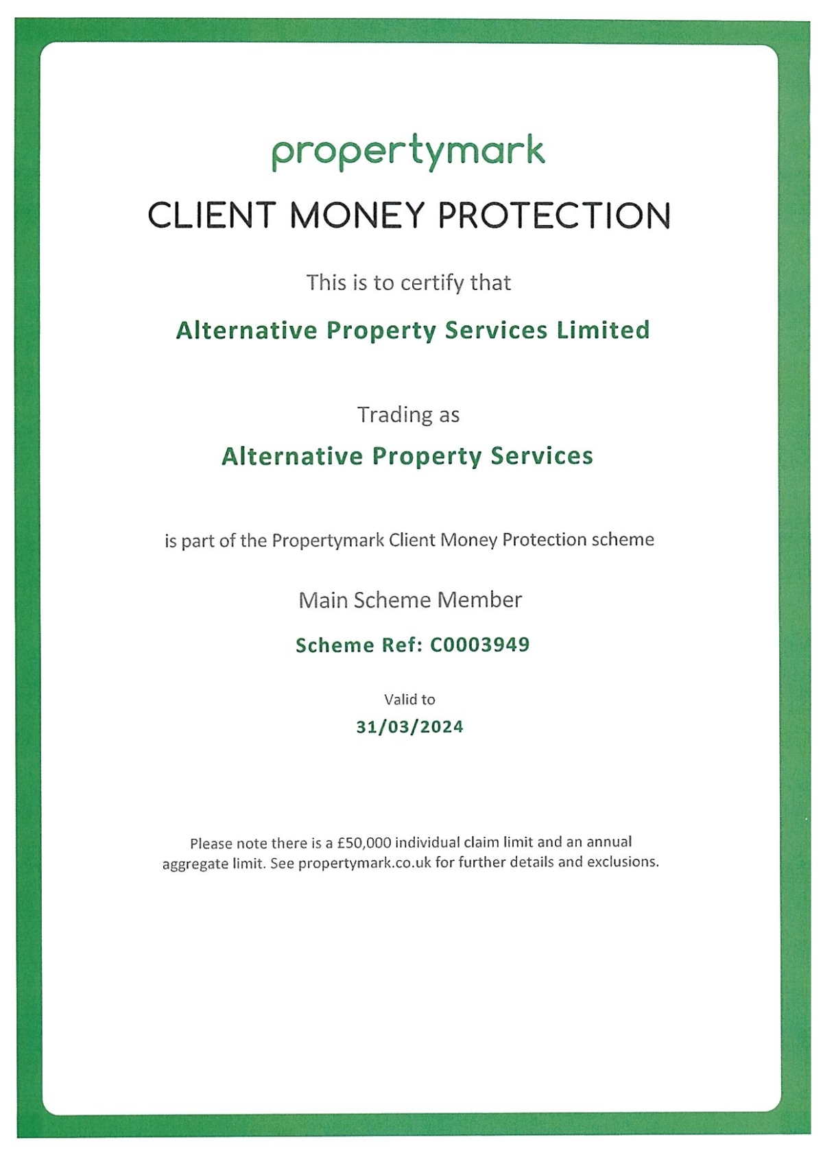 Client Money Protection Certificate – Alternative Property Services